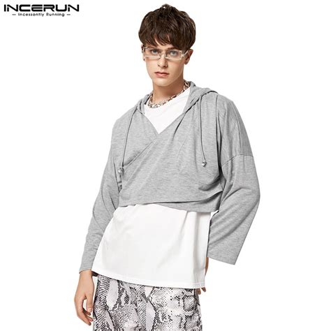 Incerun เสื้อกันหนาว เสื้อครอป มีฮู้ด แขนยาว แบบสวมหัว แฟนซี สําหรับผู้ชาย Shopee Thailand