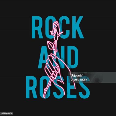 로즈 핸드입니다 바위와 장미 슬로건입니다 타이 포 그래피 티셔츠 그리기 그래픽 인쇄 패션입니다 벡터 스티커 인쇄 패치 빈티지 록 스타일 T 셔츠에 대한 스톡 벡터 아트 및