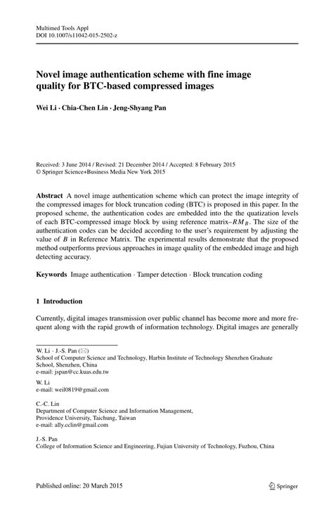 Pdf Novel Image Authentication Scheme With Fine Image Quality For Btc