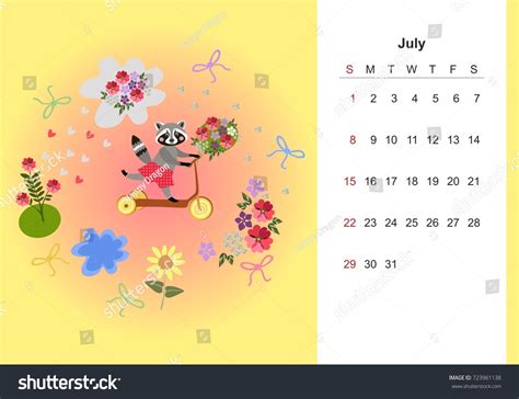 July Colorful Monthly Calendar 2018 Cute Stock Vector Royalty Free