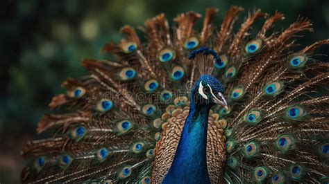 Blue Peacock Displaying Feathers With Brown On Rump Facing Right Stock