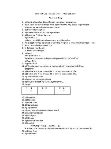 Exception Handling Worksheet Answer Key Pdf Mathematics Software Development