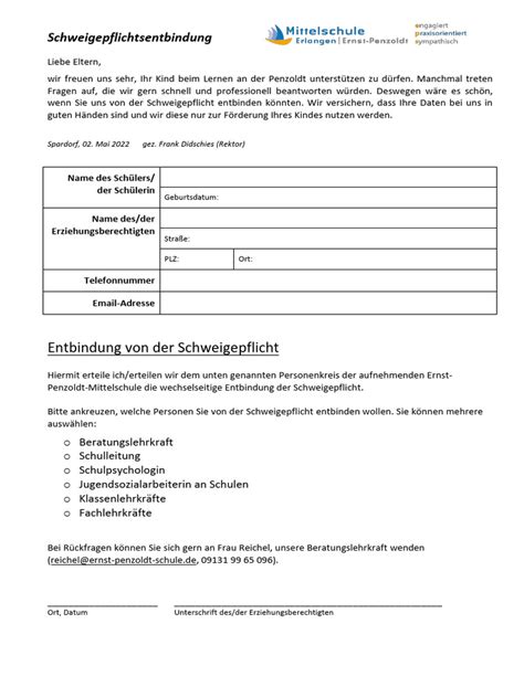 Entbindung Von Der Schweigepflicht Schweigepflichtsentbindung Pdf