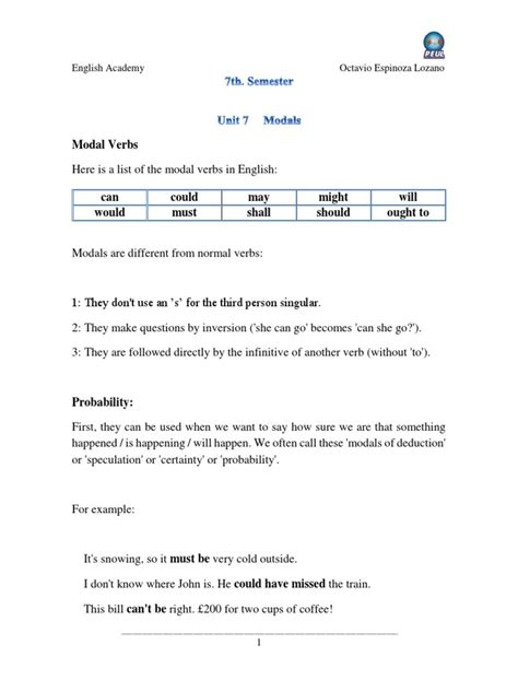 Unit 7 Modals Seventh Semester 2022 A Pdf Verb Semantic Units