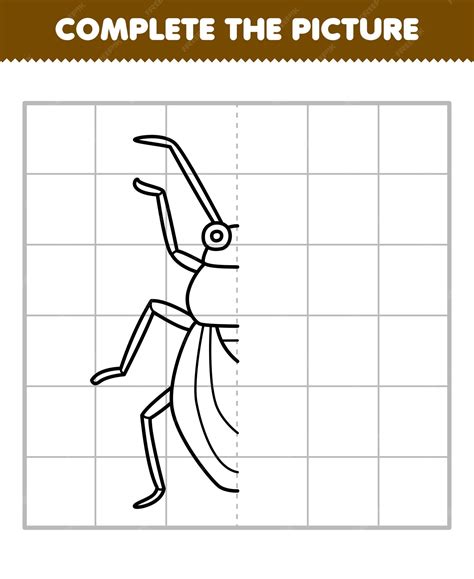 어린이를 위한 교육 게임은 인쇄 가능한 버그 워크시트를 그리기 위한 귀여운 만화 바퀴벌레 반 개요 그림을 완성합니다 프리미엄 벡터
