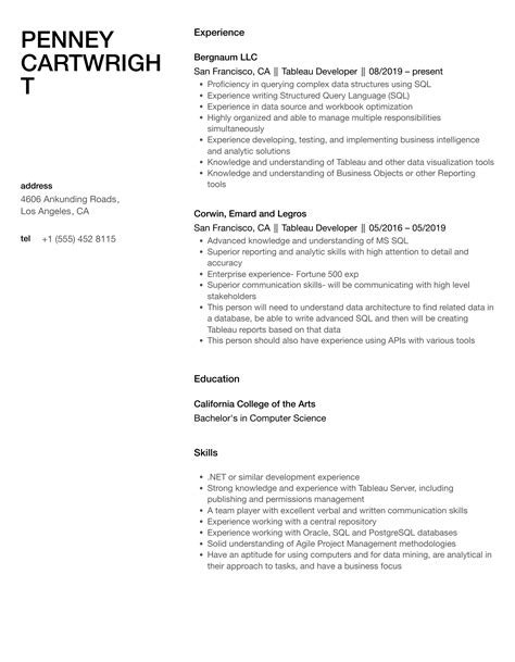 Tableau Developer Resume Samples Velvet Jobs