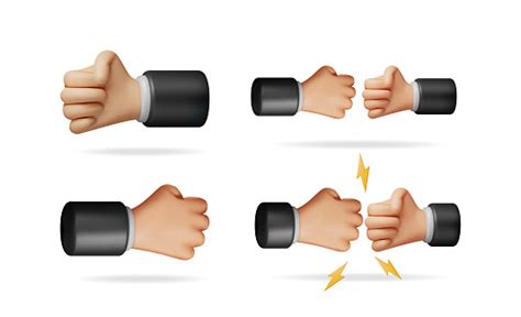 3d 만화 손은 엄지 손가락 올리기 주먹 부딪치기 주먹 싸움 등 다양한 제스처를 보여줍니다 비즈니스 개념에 대 한 벡터 격리 된 손 제스처의 모음 3차원 형태에 대한 스톡