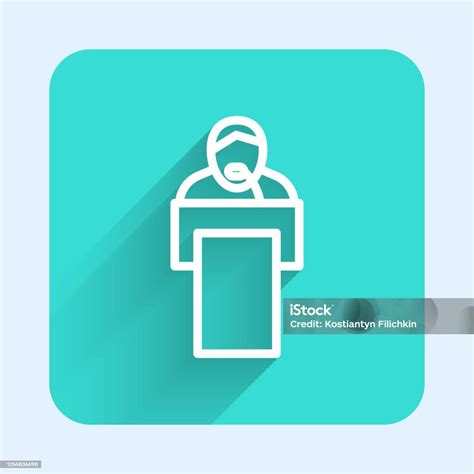 흰색 선은 긴 그림자로 격리 된 강의 아이콘을 제공합니다 연단 근처에 서라 마이크로 말하십시오 연사 강의와 제스처 녹색 정사각형