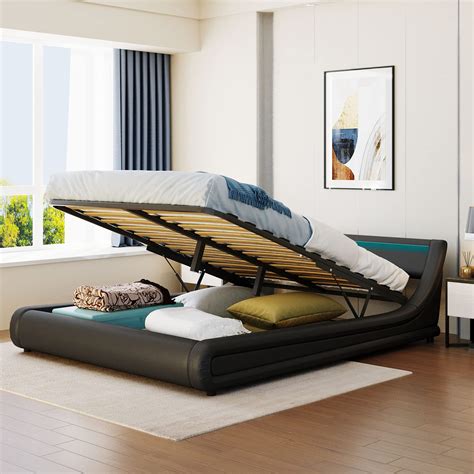 Buy Modern Upholstered Queen Bed With Led Lights Headboard Faux Leather