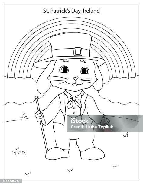 성 패트릭의 날 축하 아이들과 귀여운 토끼 색칠 공부 페이지 3월에 대한 스톡 벡터 아트 및 기타 이미지 3월 St Patricks Day 공휴일 Istock