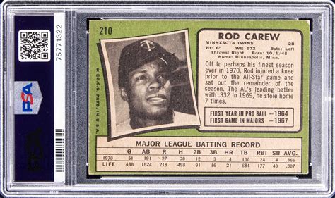 1971 Topps 210 Rod Carew Psa Vg 3 5 4650480657