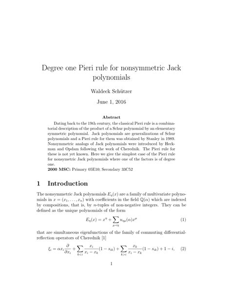 Pdf Degree 1 Pieri Formula For Nonsymmetric Jack Polynomials