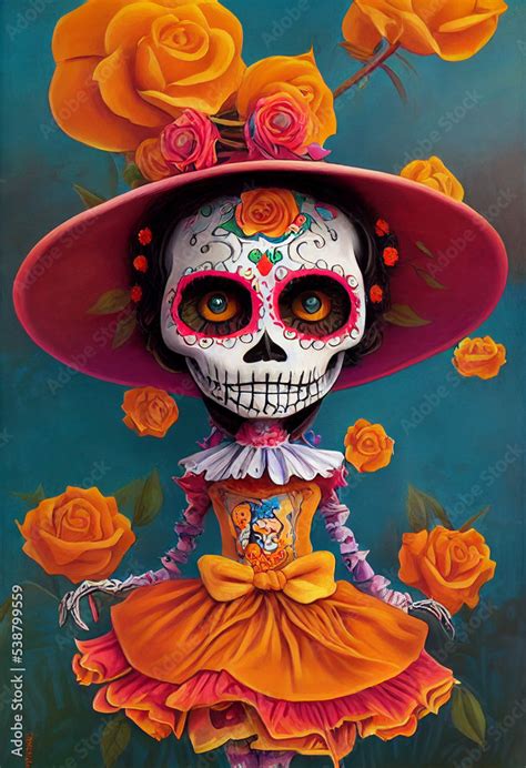Illustrazione Stock Cute Catrina Doll Draw Catrina Doll In A Cartoon