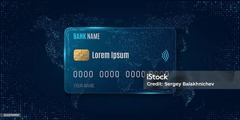 진한 파란색 배경에 전자 회로 세부 정보와 세계지도가있는 디지털 투명 유리 은행 카드 핀테크 온라인 결제 및 안전한 거래를 위한 하이테크 신용 카드 개념 벡터 구매에 대한