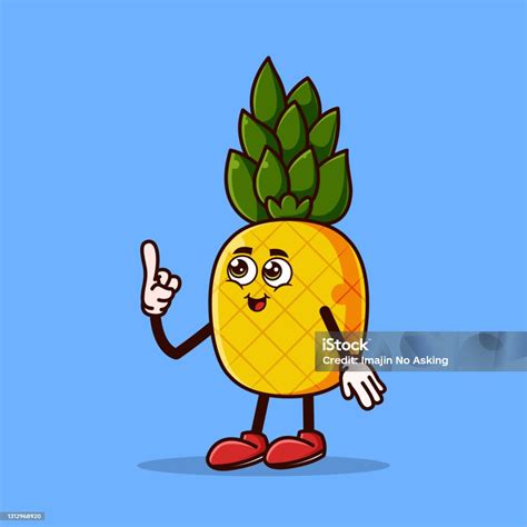 귀여운 파인애플 캐릭터와 행복한 얼굴과 제스처가 위로 가리킵니다 과일 문자 아이콘 개념 격리 이모티콘 스티커 플랫 만화 스타일 벡터 가리키기에 대한 스톡 벡터 아트 및 기타