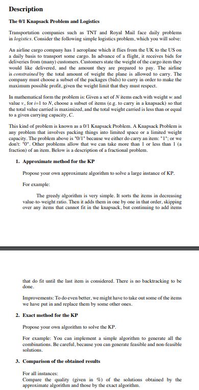 Description The 01 Knapsack Problem And Logistics