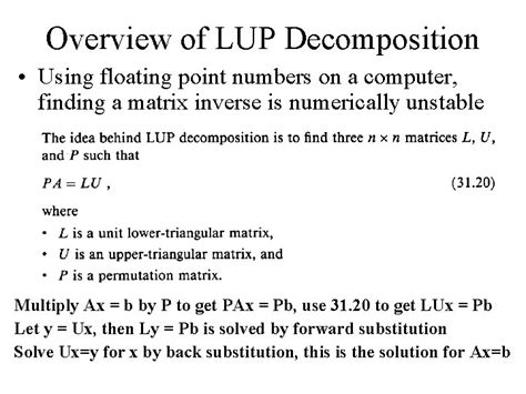 linear equations overview of lup decomposition using floating