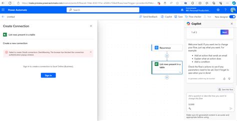 error when trying to login to excel online from power automate