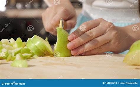 Teen Girl Is Slowly Cutting Apple On Small Pieces Hands Closeup Stock Video Video Of Cuisine