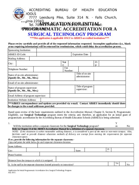 Application For Initial Accreditation For A Surgical Technology Doc Template Pdffiller