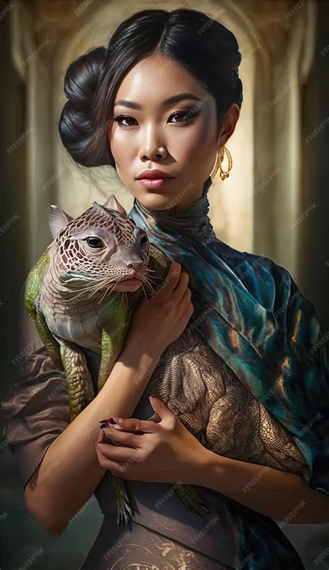 Premium Photo A Woman Holding A Lizard And A Dragon