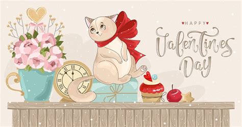 발렌타인 데이 카드 축제 요소와 로맨틱 한 고양이 손 글자 벡터 그림입니다 고양이 새끼에 대한 스톡 벡터 아트 및 기타 이미지 고양이 새끼 귀여운 낮 Istock