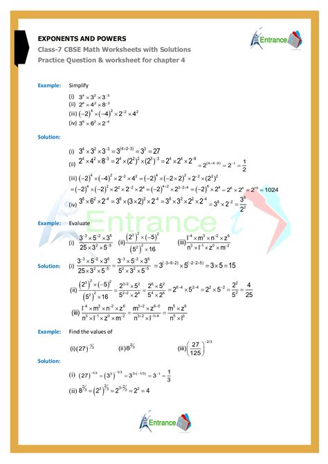 Worksheet For Class 7 Maths For Chapter 4 Exponents And Powerpw