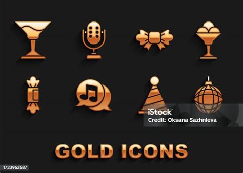 말풍선 아이스크림 그릇 디스코 볼 파티 모자 사탕 나비 넥타이 칵테일 및 마이크 아이콘에 음표를 설정합니다 벡터 거울에 대한 스톡 벡터 아트 및 기타 이미지 Istock