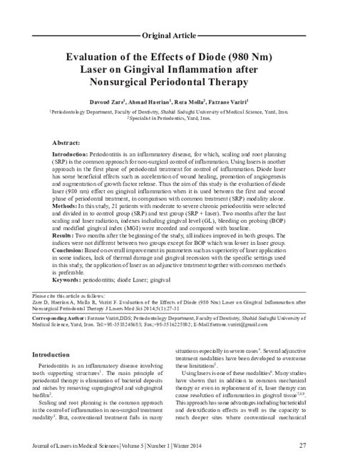 Pdf Evaluation Of The Effects Of Diode 980 Nm Laser On Gingival Inflammation After