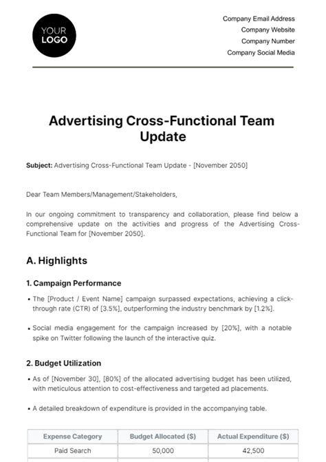 Free Advertising Cross Functional Team Update Template To Edit Online