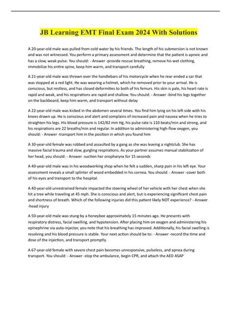 JB Learning EMT Final Exam 2024 With Solutions JB Learning EMT Stuvia US