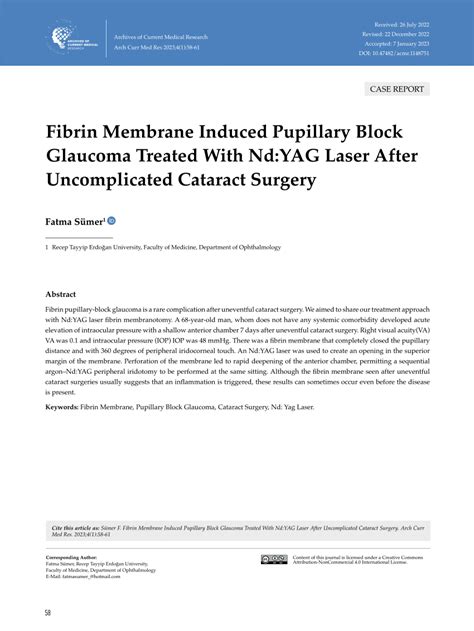 Pdf Fibrin Membrane Induced Pupillary Block Glaucoma Treated With Nd Yag Laser After