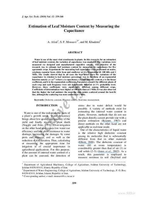 Pdf Estimation Of Leaf Moisture Content By Measuring The Capacitance
