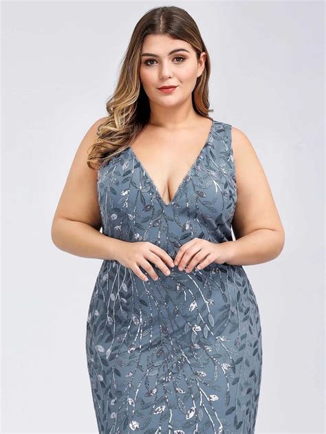 Plus Size Double V Neck Fishtail Sequin Formal Maxi Evening Dress