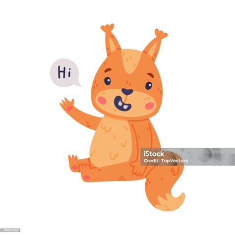 덥수룩한 꼬리를 가진 웃긴 다람쥐 캐릭터와 인사말 안녕 벡터 일러스트 레이 션 개념에 대한 스톡 벡터 아트 및 기타 이미지 개념 귀여운 놀이 Istock