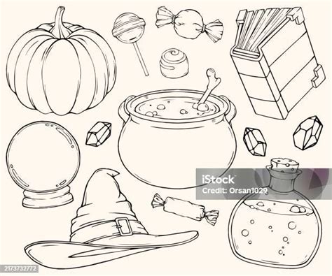 할로윈 마녀 마법 도구 손으로 그린 일러스트 세트 마녀의 가마솥 마법 물약 주문서 마법사 모자 수정 구슬 사탕 호박 보석 가마솥에 대한 스톡 벡터 아트 및 기타 이미지