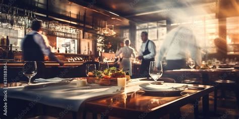 Blurred Restaurant Background With Some People Eating And Chefs And