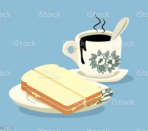 아침 식사 세트 전통적인 오리엔탈 스타일의 커피와 카야 버터 토스트 세트 빈티지 난양 스타일의 커피 컵과 접시 번역 코코넛 잼