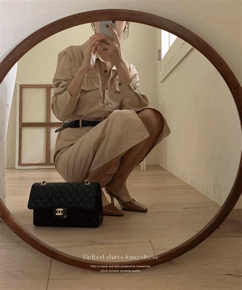 루어스룸 로비아 카라넥 셔츠 단추 버튼 포켓 허리 버클 벨트 H라인 일자 앞트임 롱 원피스