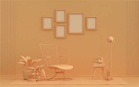 벽에 5 프레임 포스터 쇼케이스를위한 플랫 컬러 인테리어 룸 가구와 식물이있는 흑백 오렌지 분홍색 컬러 갤러리 벽 3d 렌더링 0명에 대한 스톡 사진 및 기타 이미지