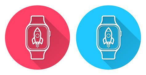 로켓이 있는 스마트워치 빨간색 또는 파란색 배경에 긴 그림자가 있는 둥근 아이콘 Launch Party에 대한 스톡 벡터 아트 및 기타 이미지 Launch Party