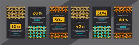 기하학적 패턴의 어두운 수직 홍보 웹 배너 소셜 미디어 모바일 앱 스토리에 대한 현대 판매 및 할인 프로모션 배경 세트 간단한 벡터 편집 가능한 배경 Eps 10 가격에