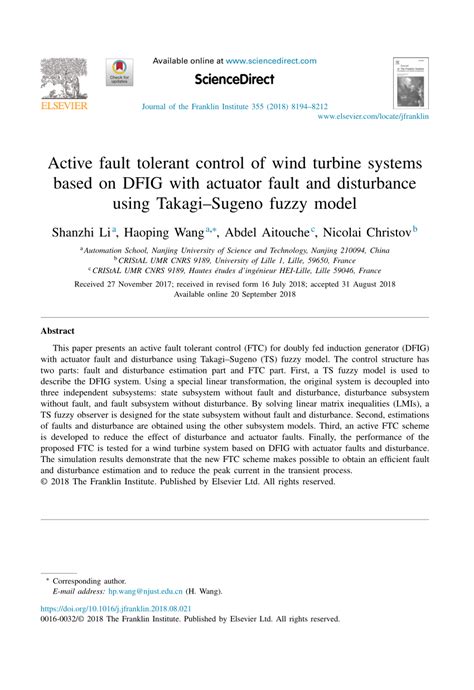 Pdf Active Fault Tolerant Control Of Wind Turbine Systems Based On Dfig With Actuator Fault