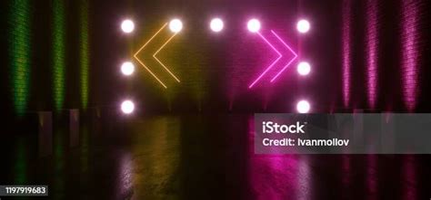 네온 빛나는 보라색 녹색 창고 지하 차고 터널 복도 화살표 모양의 조명 포인터 스튜디오 클럽 댄스 콘크리트 벽돌 벽 빈 3d 렌더링 0명에 대한 스톡 사진 및 기타 이미지