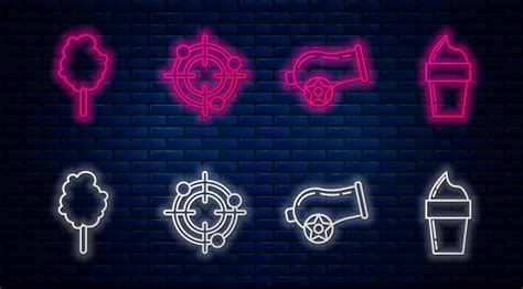 와플 콘에 촬영 대회 캐논 솜사탕과 아이스크림에 대한 라인 대상 스포츠를 설정합니다 벽돌 벽에 빛나는 네온 아이콘입니다 벡터 겨냥에 대한 스톡 벡터 아트 및 기타 이미지