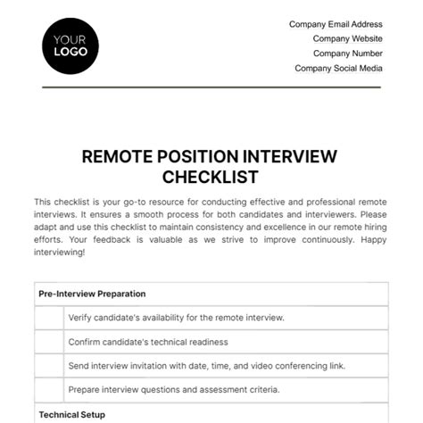 Free Remote Position Interview Checklist Hr Template To Edit Online