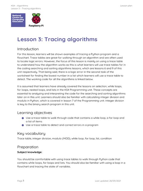 L3 Lesson Plan Algorithms Ks4 Pdf Algorithms Control Flow