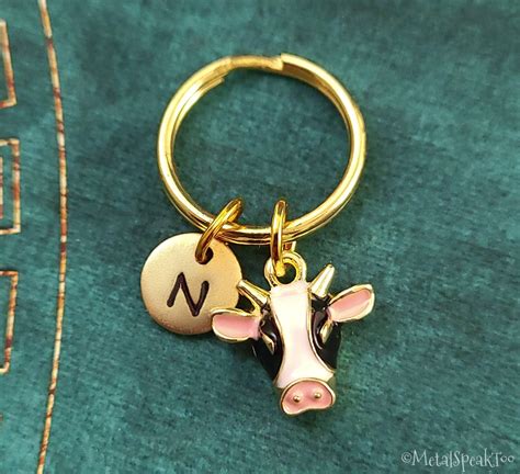 Cow Keychain Small Cow Keyring Cow Pendant Keychain Engraved Initial