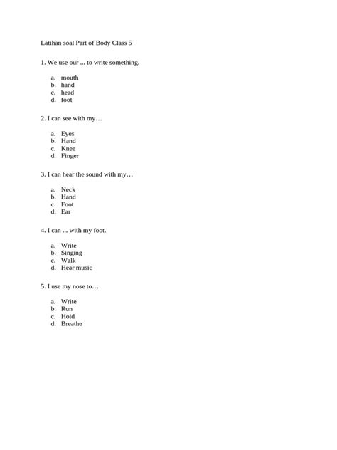 Latihan Soal Part Of Body Class 5 Pdf