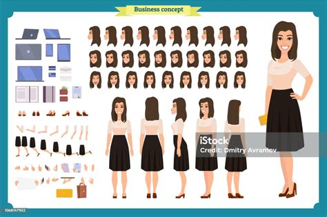 예쁜 여성 사무실 직원 문자 생성 집합입니다 전체 길이 다른 보기 감정 제스처 비즈니스 캐주얼 여성 패션입니다 당신의 자신의 디자인을 구축 합니다 등장인물에 대한 스톡 벡터